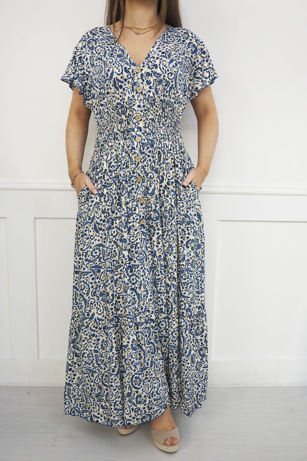 The Baroque Cap Sleeve Maxi Dress Blue | Dolly Daydream
