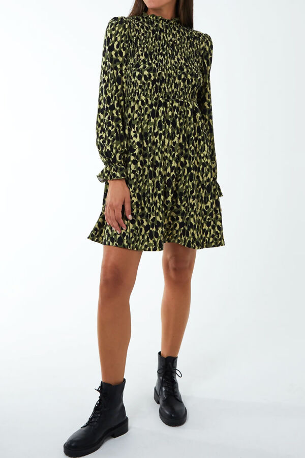 The Luna Leopard Shirred Mini Dress Green | Dolly Daydream